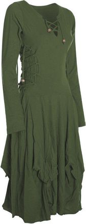 vishes Midikleid Langes Langarm Bio Ballonkleid einfarbig mit Schnürung V-Ausschnitt Hippie, Elfen, Festag, Style