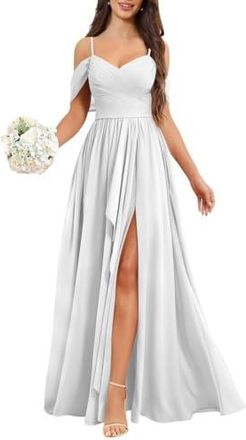 Generic Robe de demoiselle dhonneur à épaules dénudées avec fente plissée en mousseline de soie - Robe formelle pour invitée de mariage, blanc, 52 Grande tail