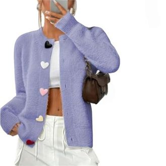 Generic Cardigan en tricot pelucheux pour femme, manches longues et l&eacute;g&egrave;res, boutons en forme de coeur sur le devant, col rond, pull court pelucheux, violet, 