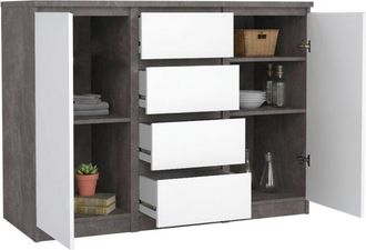 Dmora Dmora - Kommode Alix, Wohnzimmerbuffet, Wohnzimmer-Sideboard, Moderne K&uuml;chen-Speisekammer, 121x50 h91 cm, Zement und Gl&auml;nzendes Wei&szlig;