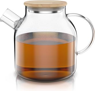 Arendo Teekanne aus Glas mit Siebeinsatz - Bambusdeckel - Fassungsverm&ouml;gen 1400 Milliliter - mit Siebeinsatz f&uuml;r Bl&uuml;tentee - einfache Reinigung - f&uuml;r hei&szlig;e u