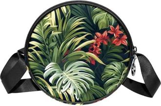 Generic Petit sac &agrave; bandouli&egrave;re rond pour femme, motif plantes tropicales, sac &agrave; dos avec fermeture &eacute;clair, bretelles r&eacute;glables, sac &agrave; main rond d&eacute;contract&eacute; p