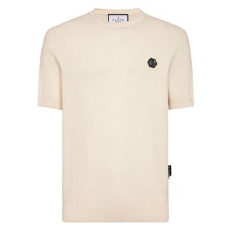 Philipp Plein Homme, Tops, Beige, Taille: XL Knited Round Neck T-Shirt Wool Silk Blend