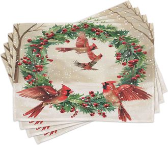 Abakuhaus Platzmatten, Kardinäle Weihnachtskranz Kunst, Waschbare Stoff Esszimmer Küche Tischdekorations Digitaldruck, Dunkle Koralle Grün Beige