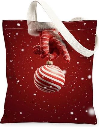 Generic Sacs fourre-tout de No&euml;l en toile rouge, motif ornement festif, sacs d&eacute;picerie r&eacute;utilisables, vintage, l&eacute;gers, lavables, Rouge, 13x15 Inch