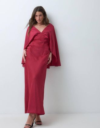 Asos Satin-Maxikleid mit Fledermaus&auml;rmel, ausgestellt, schr&auml;g geschnitten, in Magenta-Rosa