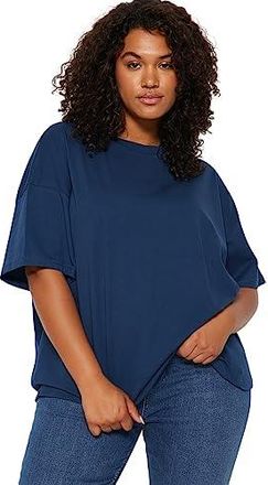 Trendyol Shirt &agrave; Manches Courtes pour Femme Grande Taille, Bleu Marine, 4XL