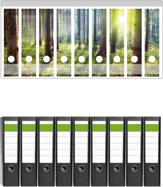 Wallario 9 St&uuml;ck breite Ordner inkl. Klebeetiketten mit Motiv Sonnenuntergang im Wald zwischen den B&auml;umen - Set mit R&uuml;ckenschildern/Ordnerr&uuml;cken Stickern