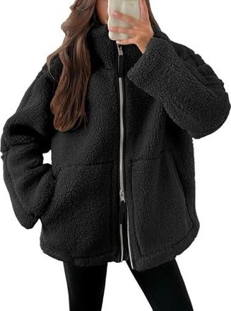 Onsoyours Veste Polaire Femme Hiver Manteau en Peluche ÉPaissir Zippé Blousons Fourrure Manche Longue Casual Couleur Unie Outerwear A Noir XL