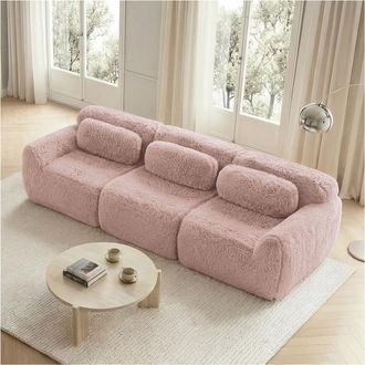 Generic Modernes 2-Sitzer-Sofa, modulares Sofa, rutschfeste Basis, mit 2 Kissen, extra breite ergonomische Armlehnen,for Lesen und Arbeiten(Rosa+Peluche+3 Pla