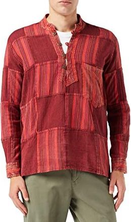 Shopoholic Fashion Chemises Hippies à Rayures Unies Lavées à la Pierre pour Hommes, Chemise Grand-père en Coton à Manches Longues, Maroon, XL