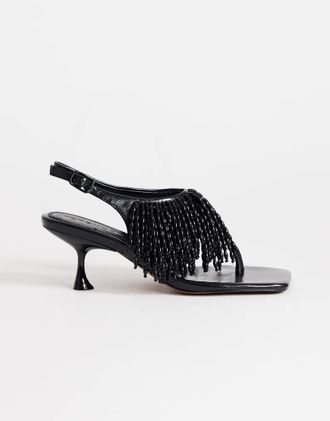 Topshop Night - Sandales &agrave; talon et entredoigt orn&eacute;es de perles - Noir