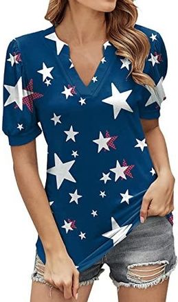 Janly T-shirt imprim&eacute; pour femmes T-shirt avec col en V Drapeau peint &agrave; la main pour la journ&eacute;e de lind&eacute;pendance T-shirts personnalis&eacute;s T-shirts des ann&eacute;es 
