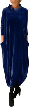 Generic Robe maxi en velours pour femme - Printemps et chute - D&eacute;contract&eacute;e - Col ras du cou - Manches longues - Avec poches - Robe d&eacute;t&eacute; l&eacute;g&egrave;re et longue, ble