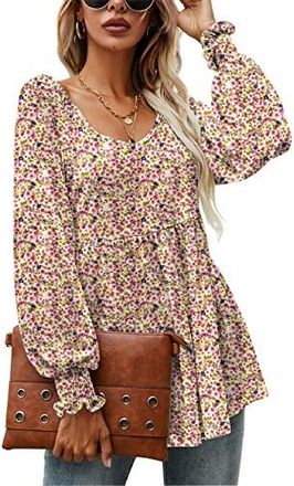 TOMWELL Chemisier Femme Col V Blouse Élégant Haut Manches Longues Impression Tunique Ample Fluide Chic Casual Vintage T-Shirt B Rose L