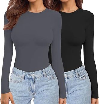 Ekouaer Hauts Thermiques Femme &agrave; Manches Longues Chemises Basiques Col Rond 2 Pi&egrave;ces Maillot de Corps T-Shirt Chaud, Noir + Gris Fonc&eacute; S