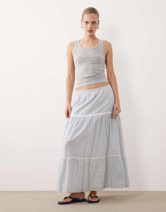 Abercrombie & Fitch Jupe longue &agrave; rayures et volants &eacute;tag&eacute;s - Bleu