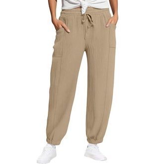 Generic Nuoke pantalon fluide femme &eacute;t&eacute;,Pantalon large en lin pour, d&eacute;contract&eacute;, ample, taille haute, pour la plage, avec poches Short Pyjama Carreaux (Khaki,