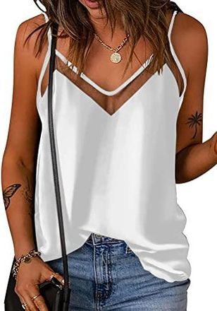Onsoyours Gilet en Soie pour Femme en Satin Débardeur T-Shirt Spaghetti Bretelles Camisole Col en V Maillot à sans Manches Top Haut Eté A Blanc XXL