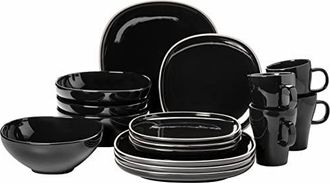 Mäser Serie Isora, Modernes Geschirr Set für 4 Personen mit eckigen, randlosen Formen, 16-teiliges Kombiservice aus hochwertiger Keramik, Steinzeug, Schwarz