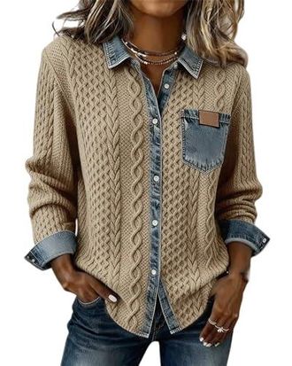 Generic Chemise en jean &eacute;piss&eacute;e tricot&eacute;e pour femme, col et poignets boutonn&eacute;s sur le devant, pull &agrave; manches longues, tenue de bureau d&eacute;contract&eacute;e, camel, XXL