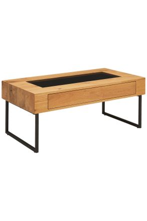 Novel Couchtisch, Schwarz, Eiche, Holz, Metall, Glas, Holzwerkstoff, Eiche, furniert, massiv, 1 Schubladen, rechteckig, eckig, U-Form, 60x45x110 cm, Staurau