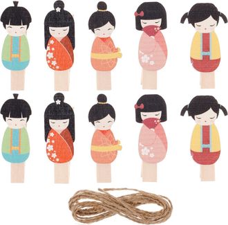 Amosfun 12 Holz-Foto-Wäscheklammern, Cartoon-Puppe, Foto-Papier, Snack-Nadel mit Bindfaden für Party-Dekoration