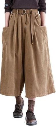 Generic Pantalon court en velours c&ocirc;tel&eacute; taille haute &eacute;lastique pour femme, pantalon baggy baril pour femme, jupe-culotte avec ceinture, kaki, M