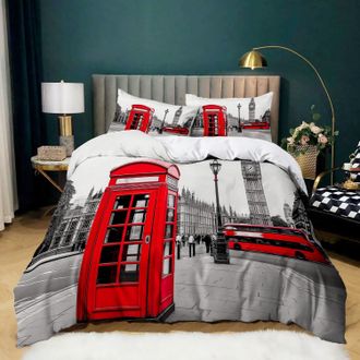 Generic Grau Bettw&auml;sche 155x220 Londoner rote Telefonzelle Bettw&auml;sche-Sets Weiche Atmungsaktiv Hautfreundlich Mikrofaser Bettbezug mit Rei&szlig;verschluss und 2 Ki