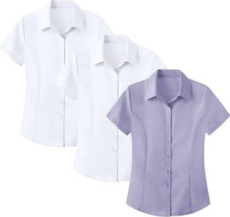 Generic Lot de 3 chemisiers &agrave; manches courtes pour femme - D&eacute;contract&eacute; - Coupe droite - Col en V - Boutonn&eacute; - Couleur unie - D&eacute;contract&eacute; - Basique - Chemise d
