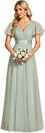 Ever-pretty Robe de Demoiselle dhonneur Soirée Bal Col en V Manches Courtes A-Line Taille Empire Longue Tulle Femme Vert Menthe 50