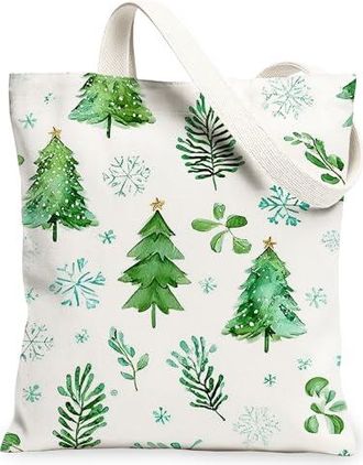 Generic Sacs fourre-tout r&eacute;utilisables en toile de sapin de No&euml;l avec motif floral de pin, sacs d&eacute;picerie vintage, l&eacute;gers et lavables, vert, 13x15 Inch