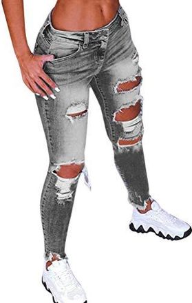 Minetom Jeans Femme Denim Pantalons Grande Taille Stretch Skinny Slim Déchiré Troué Crayon Pantalons Boyfriend Denim Pants B Gris 3XL