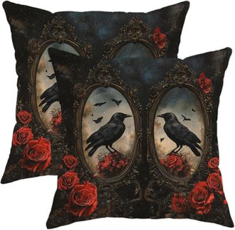 Generic Gotische Raben-Kissenbez&uuml;ge, 2er-Set, schwarzer Vogel mit roten Rosen, Halloween und Gothic-Stil, dekorative Kissen f&uuml;r Wohnzimmer, Schlafzimmer, 50,8