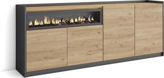 Skraut Home | Sideboard, Highboard | Kommode, Komodenschrank | 207x80x37 cm | 4 Türen | Elektrokamin. | Moderner Stil | Eiche Schwarz