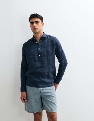 Mango Relaxed-Fit-Hemd aus 100% Leinen in Mittelblau