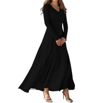 Generic Robes pour femme - Manches longues - D&eacute;contract&eacute;e - Col en V - Couleur unie - Robe longue d&eacute;t&eacute; pour femme - Longueur genou - Fleurs, Noir, 3XL