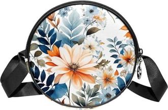 Generic Petit sac &agrave; bandouli&egrave;re circulaire pour femme, motif feuilles florales, sac &agrave; dos avec fermeture &eacute;clair, bretelles r&eacute;glables, sac &agrave; main rond d&eacute;contra