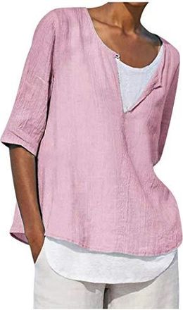 Generic T-shirt en coton pour femme - Coupe ample - Haut en lin &agrave; manches courtes et col en V - Manches 1/2 - &Eacute;paules tombantes - &Eacute;l&eacute;gante et l&eacute;g&egrave;re - Coupe d