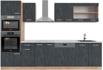 Vicco Cuisine R-Line, B&eacute;ton Noir/ch&ecirc;ne dor&eacute;, 300 cm PT Marbre