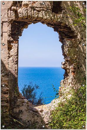 Wallario Outdoor-Poster f&uuml;r Garten oder Balkon Felsenblick aufs Meer, Motivbanner Gr&ouml;&szlig;e: ca. 100 x 150 cm, Outdoor-Bild
