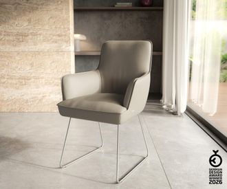 DELIFE Esszimmerstuhl Heira-Flex mit Armlehnen Echt-Leder Schlamm Kufengestell Edelstahl Taschenfederkern, Esszimmerst&uuml;hle