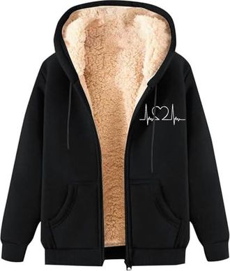 Generic Vestes pour femmes et hommes et fermeture &eacute;clair &agrave; capuche en polaire avec poches Motif battements de coeur 2026, Noir, 3XL