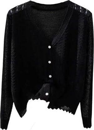 Generic Cardigan en soie pour femme - Chemisier dext&eacute;rieur ample - &Eacute;paules ajour&eacute;es - Petit ch&acirc;le - Haut en tricot, noir, Taille XS
