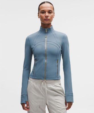 lululemon Define Crop-Jacke Nulu f&uuml;r Frauen - Gr&ouml;&szlig;e 10 in Steel Blue/Gold