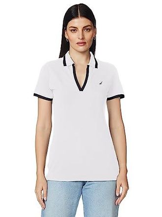 Nautica Classic Fit Striped V-Neck Collar Stretch Cotton Polo Shirt, Blanc Brillant, M Femme