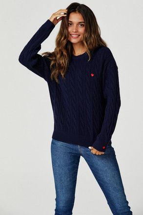 FS Collection Strickpullover Damen Strickpullover Zopfmusterpullover Pullover-Oberteil mit Herz (Einheitsgr&ouml;&szlig;e: UK 8-16 / EU 36-44, 4 Farben : Navy, Grau, Dark Fuch