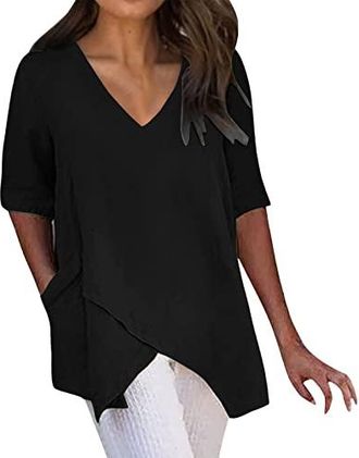 FNKDOR Chemisiers Femme Couleur Unie Chemisier D&eacute;contract&eacute;e &agrave; Manches 3/4 Chic Col V Haut Top Ourlet Irr&eacute;gulier Tunique Blouse en Lin Grande Taille L&acirc;ch&eacute; Tee