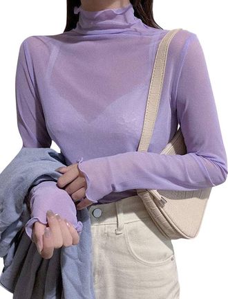 Minetom Langarmshirt Damen Sexy Mesh Oberteile Langarm Durchsichtige T-Shirt Rollkragen Transparent T&uuml;ll Hemd Shirt Casual Bluse Party Tops C Violett XL