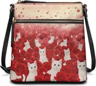 Coloranimal Sac &agrave; bandouli&egrave;re pour femme en cuir synth&eacute;tique l&eacute;ger avec sangle r&eacute;glable, Chat blanc rose rouge